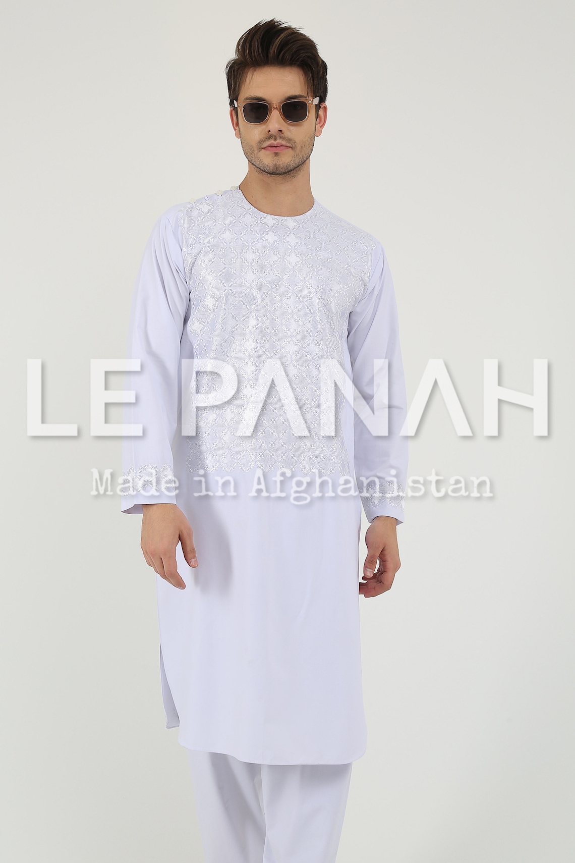 White Cotton Afghani Traditional Long Shalwar Kameez Set for Men W ...