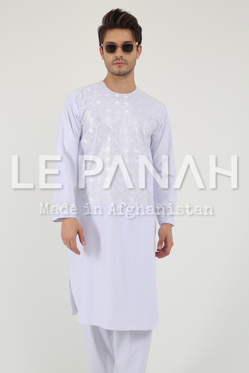 White Cotton Afghani Traditional Long Shalwar Kameez Set for Men W ...