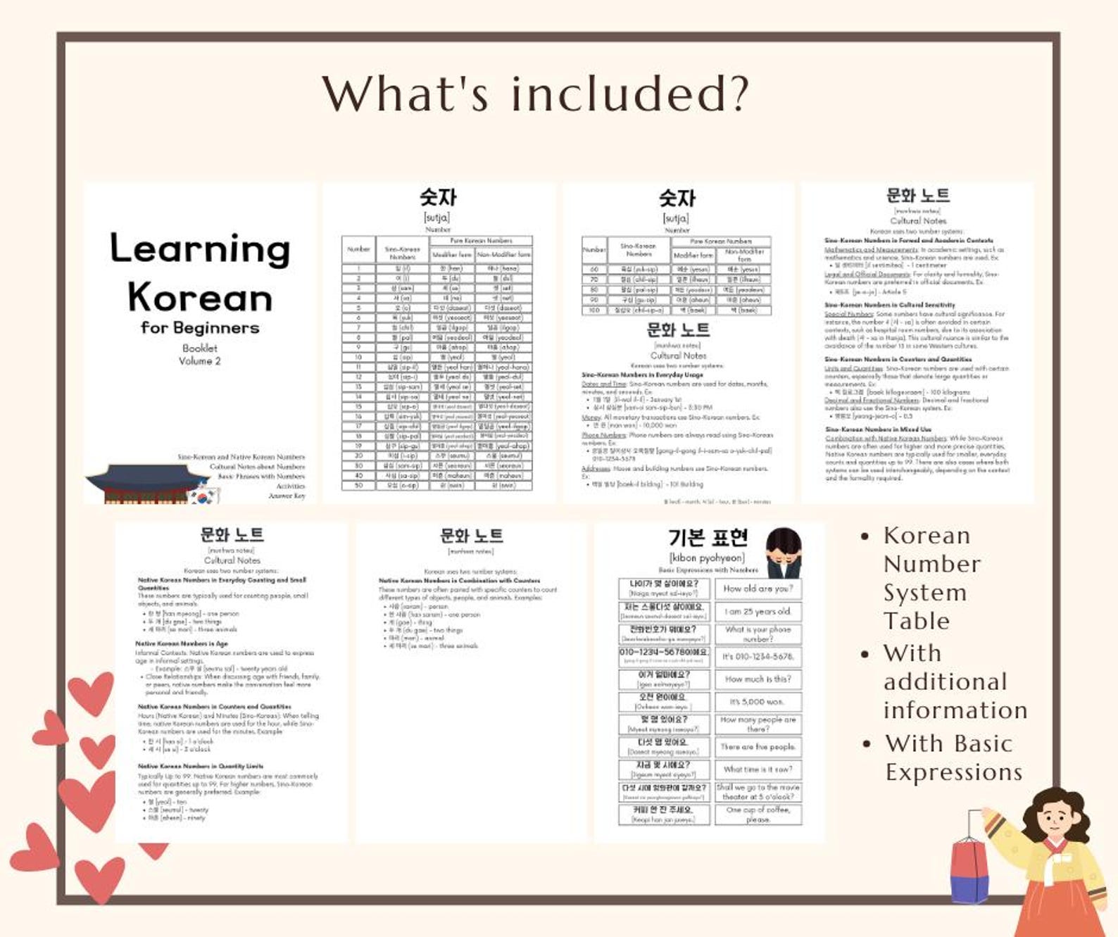 V2 Printable Korean Language Study Pack (korean Number Systems) |printable Worksheets|52 ...