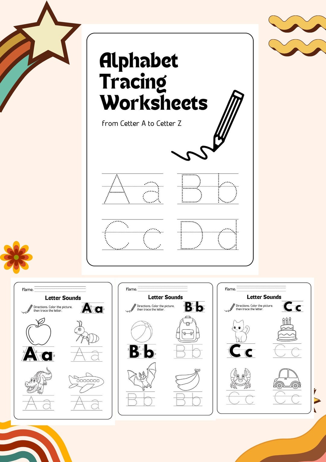 Alphabet Tracing Worksheets With Coloring Activities and Letter Sounds ...