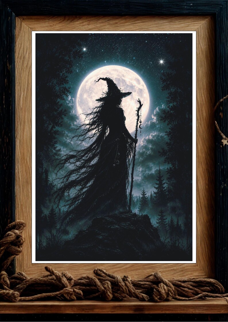 Gothic Witch Silhouette Art, Full Moon Forest Scene, Dark Fantasy Pagan ...