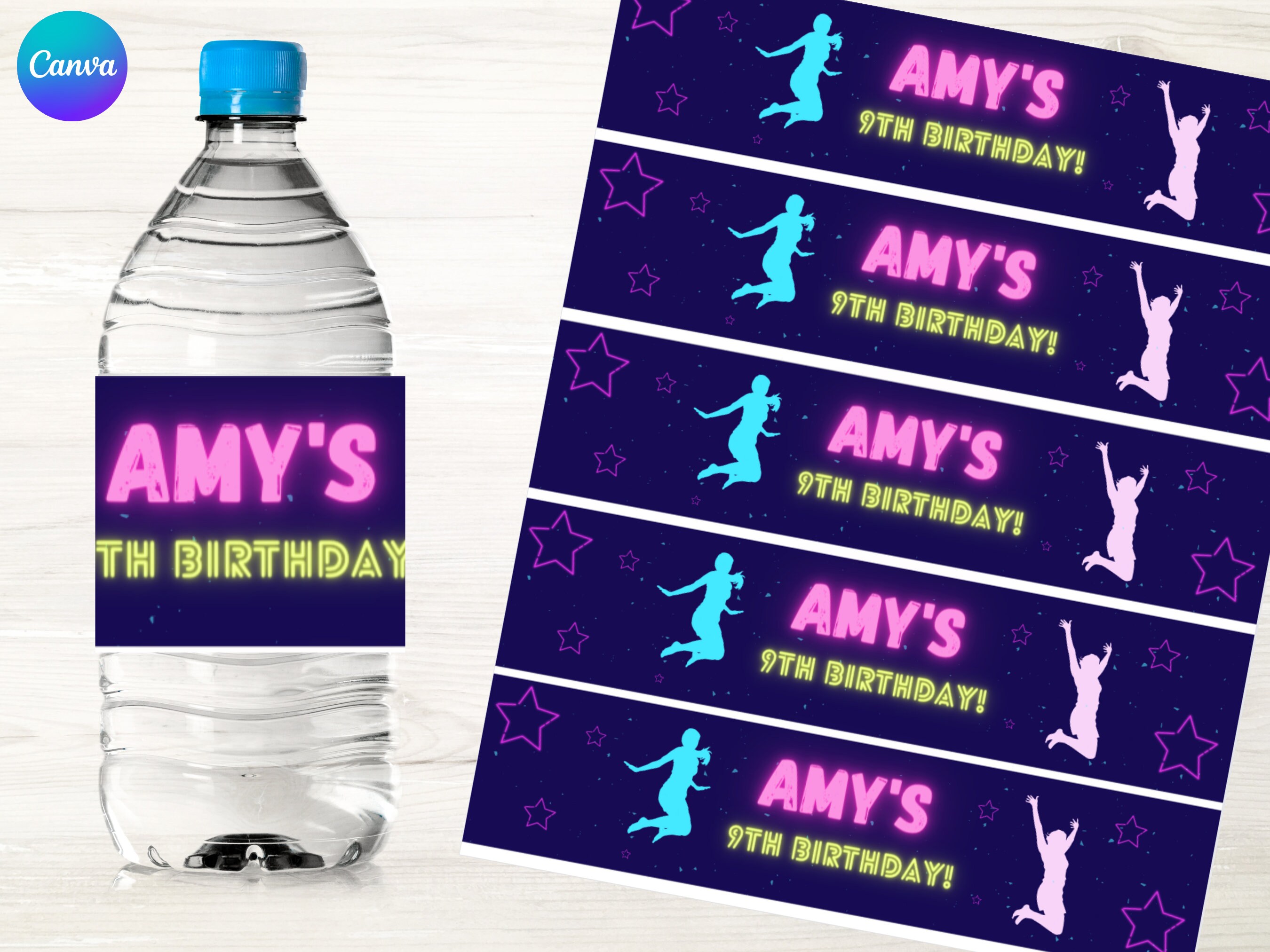 Neon Jump Birthday Water Labels Wrapper, Printable Templates, Kids ...