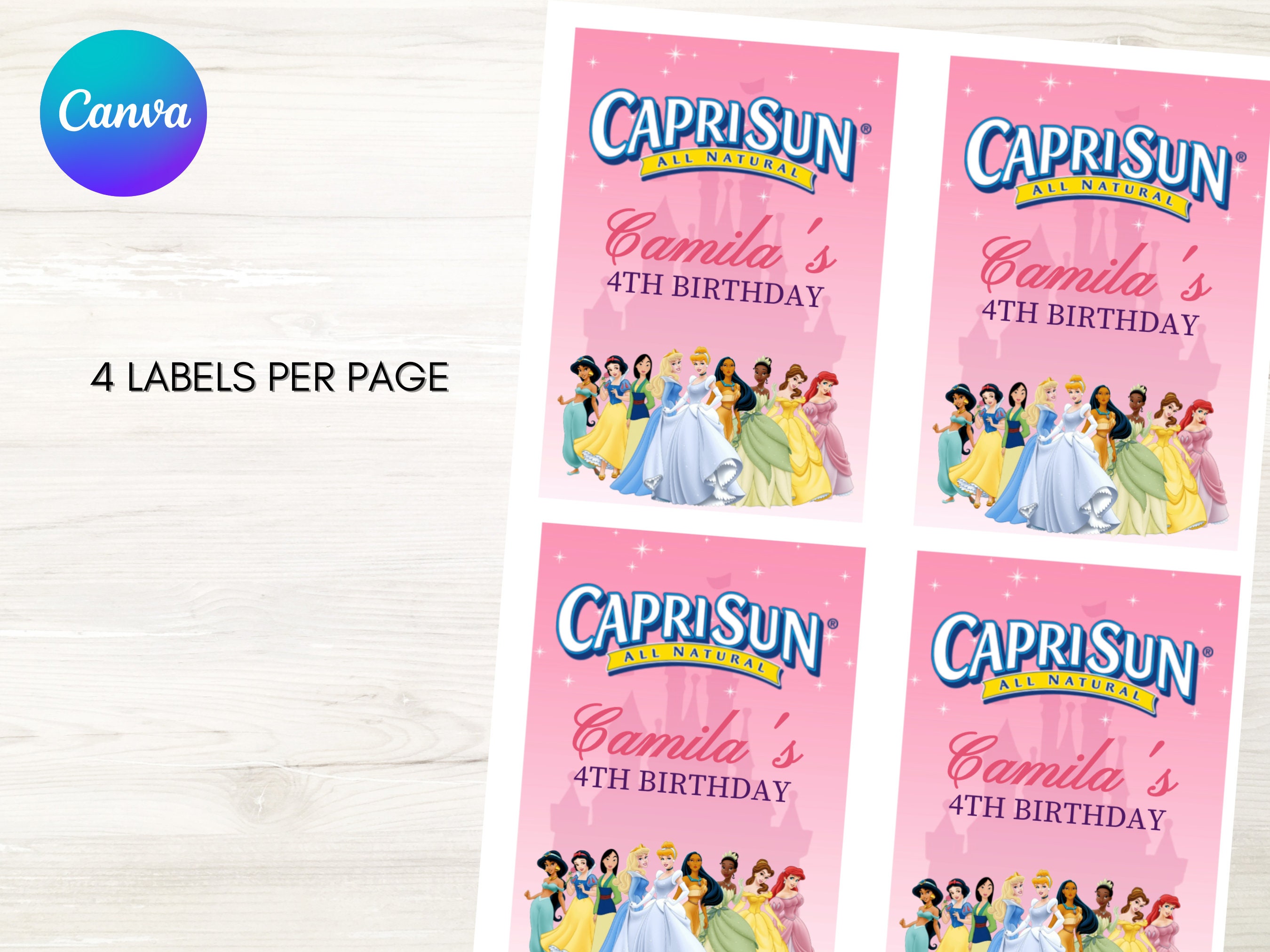 Princess Caprisun Labels, Disney Princess Juice Pouch Labels, Kids ...