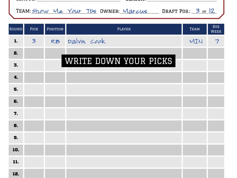 Fantasy Football Draft Kit, Football Draft Sheet and Roster, Fantasy ...