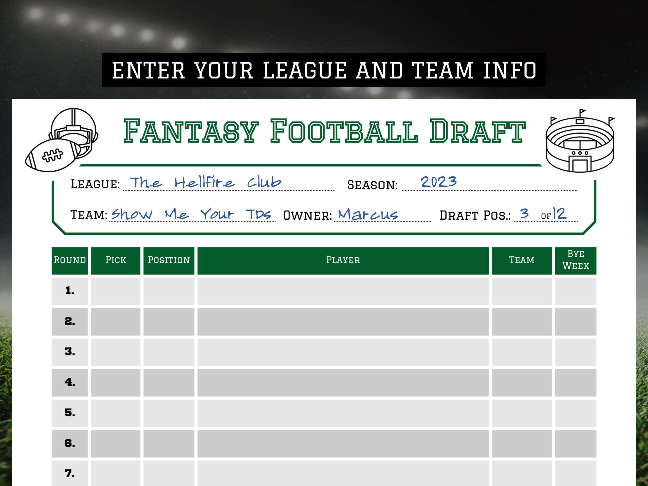 2023 Fantasy Football Draft Kit, Football Draft Sheet and Roster ...
