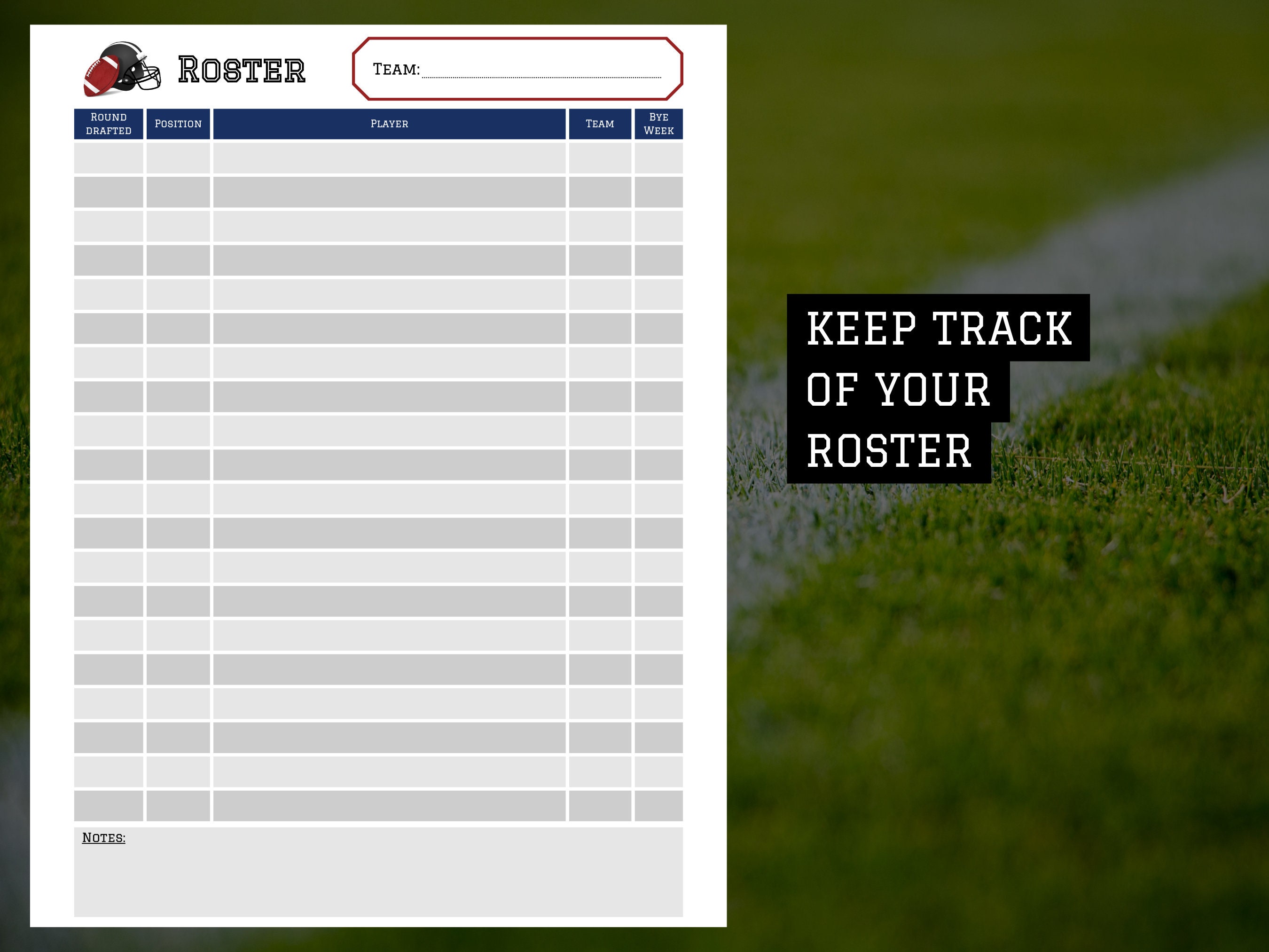 Fantasy Football Draft Kit, Football Draft Sheet and Roster, Fantasy ...