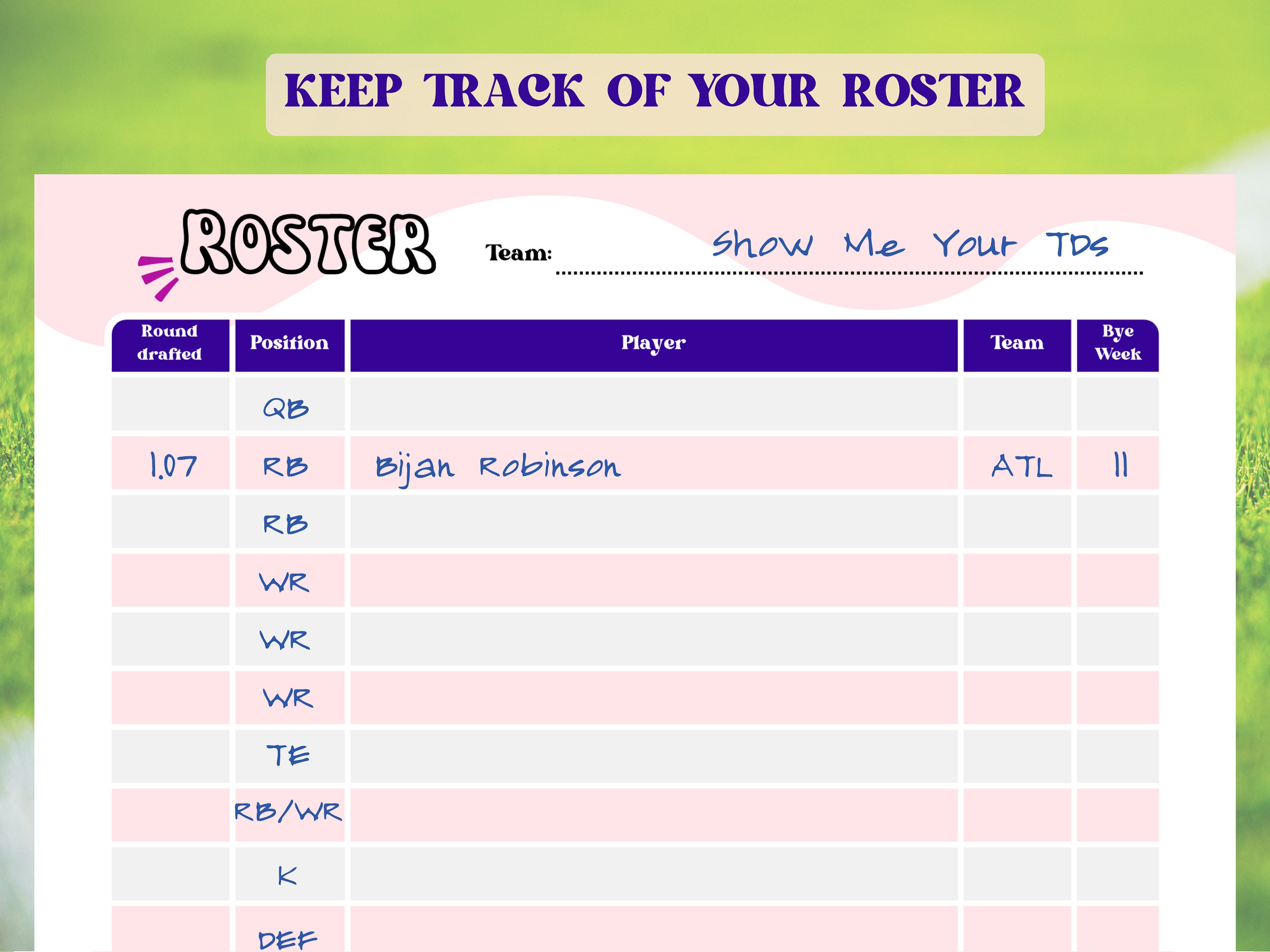 2023 Fantasy Football Draft Kit, Football Draft Sheet, Fantasy Football ...