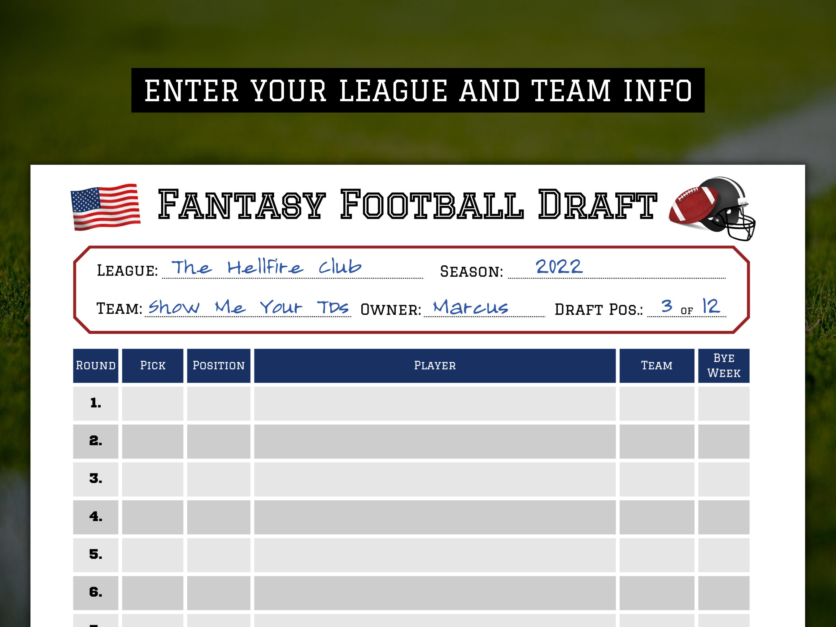 Fantasy Football Draft Kit, Football Draft Sheet and Roster, Fantasy ...