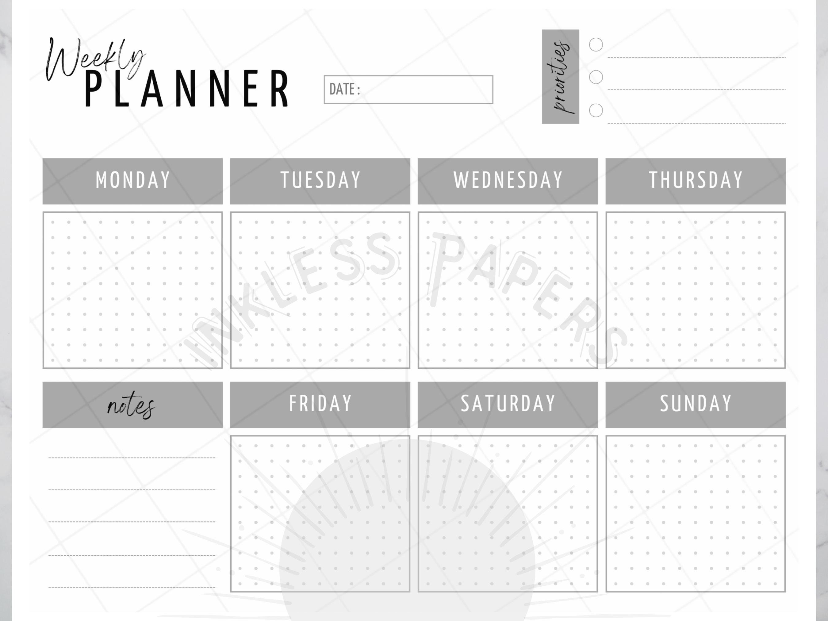 Weekly Planner Printable / Digital Planner Template, Monday or Sunday ...