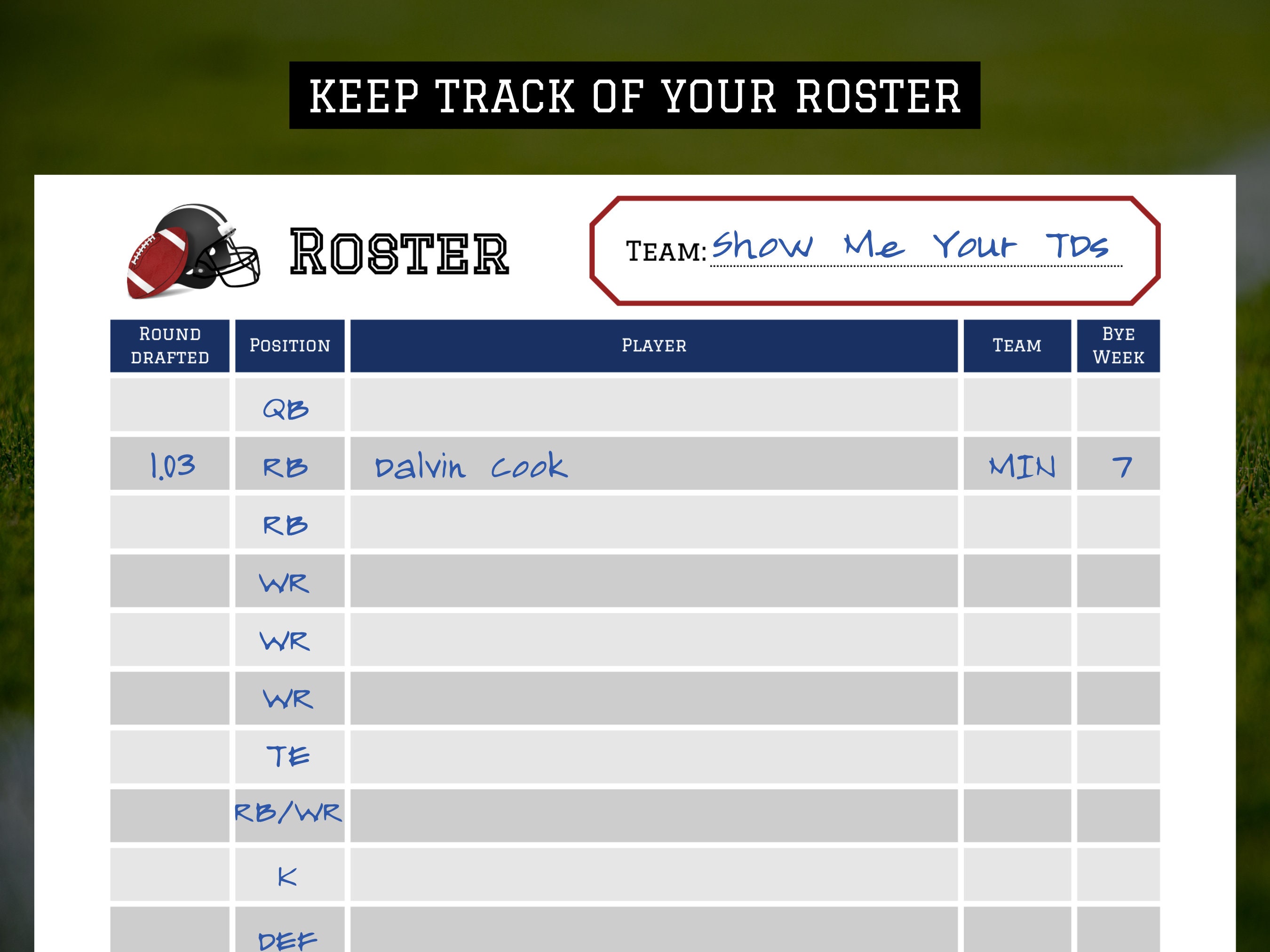 Fantasy Football Draft Kit, Football Draft Sheet and Roster, Fantasy ...
