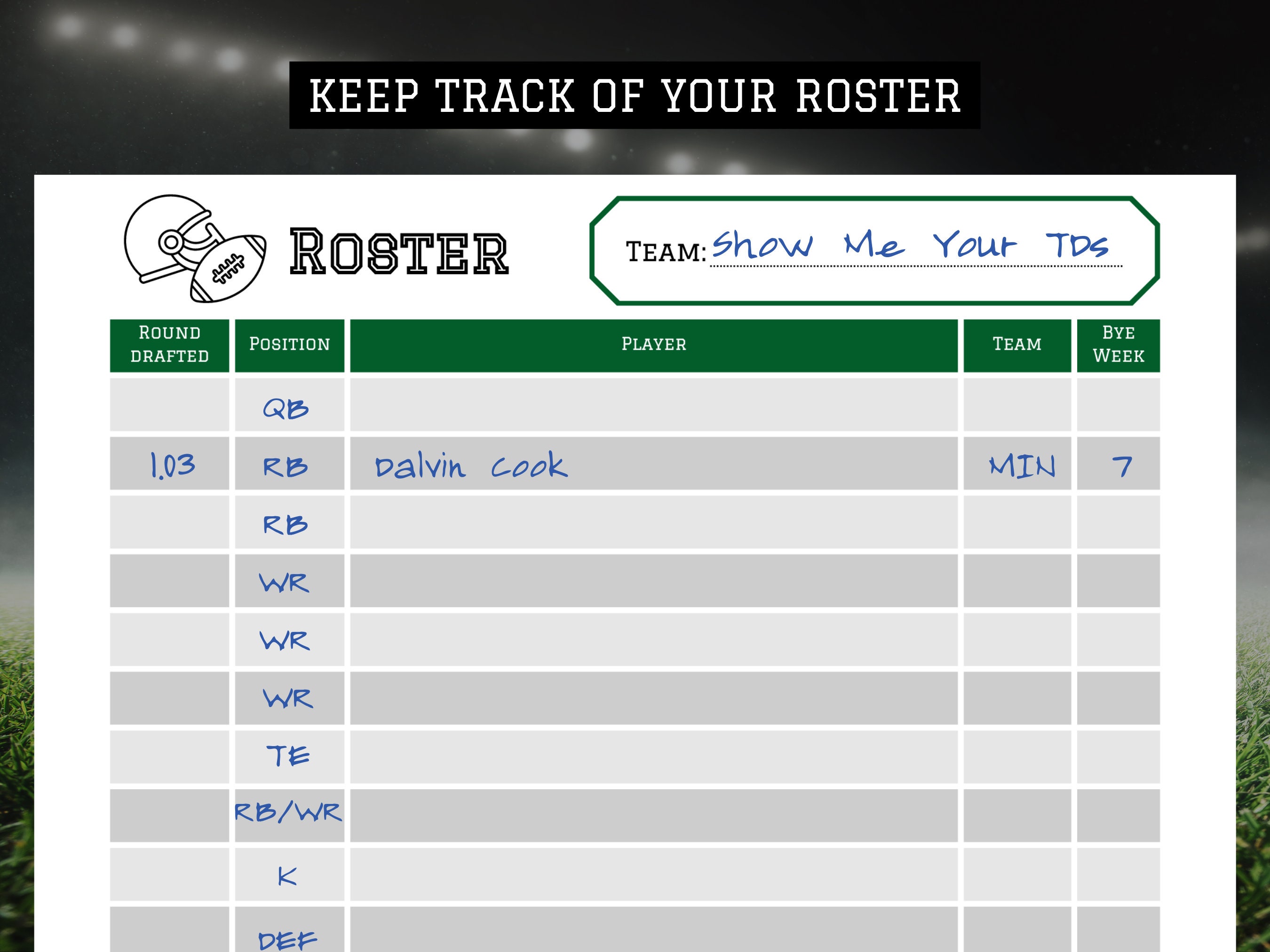2023 Fantasy Football Draft Kit, Football Draft Sheet and Roster ...