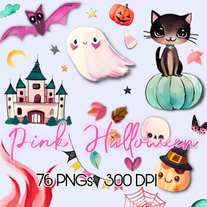 Cute Pink Halloween Watercolor Clipart Bundle, 75 PNG, Witch, Castle ...