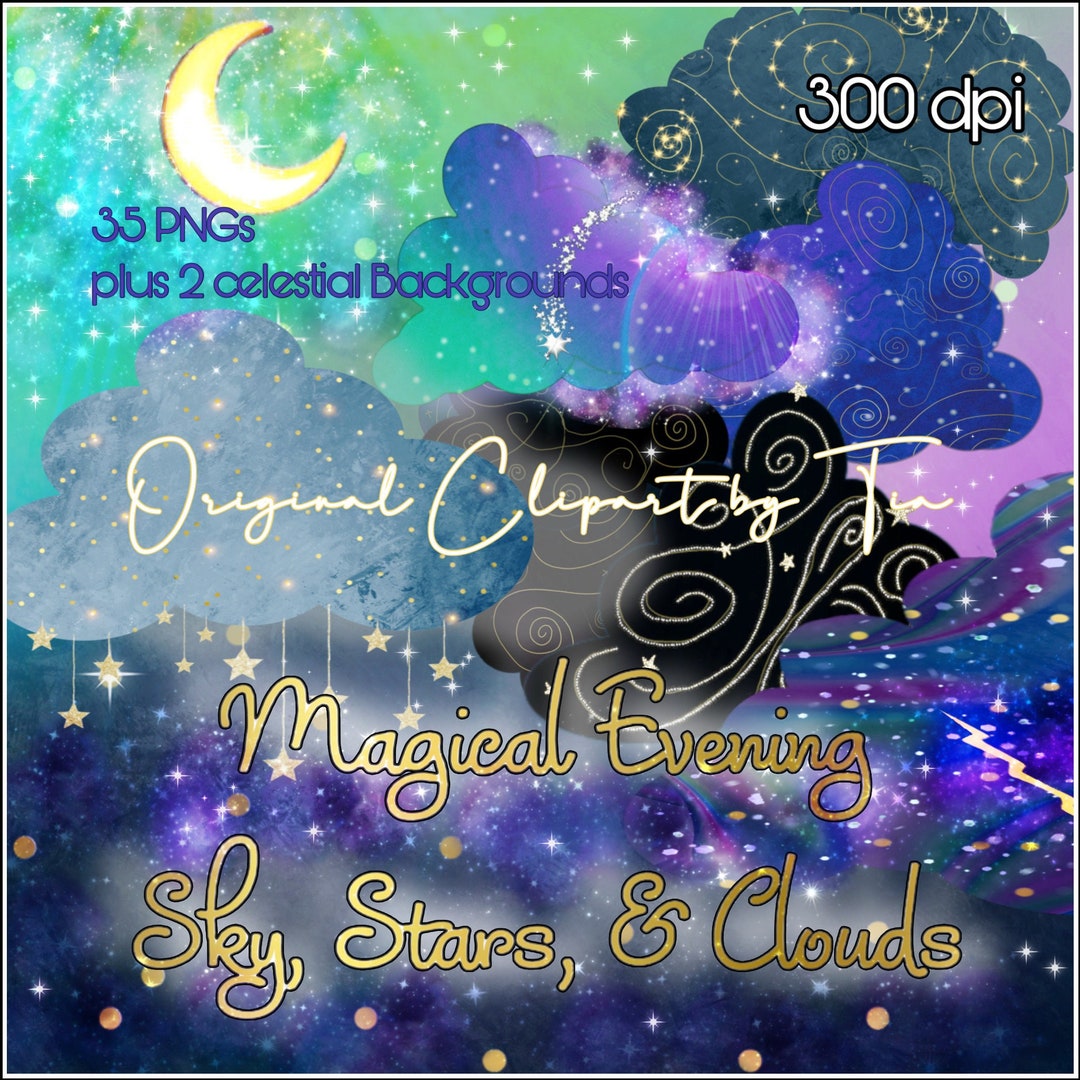 Magical Skies, Environment Clipart, Mystical Night, Celestial Evening, Moon, Clouds, Stars ...