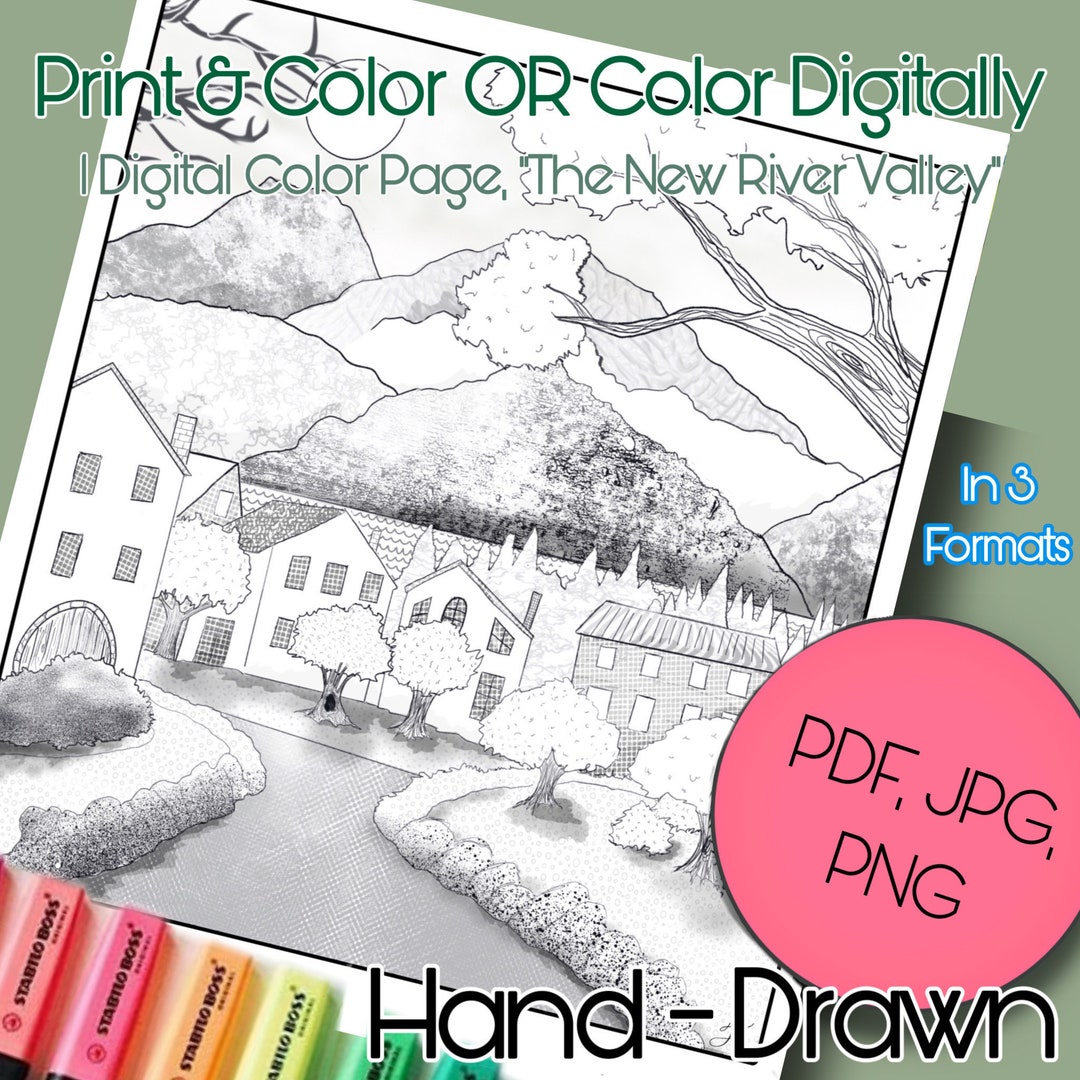Hand-drawn New River Valley Digital Color Page, Mountain Art Printable ...