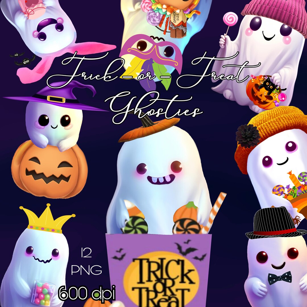 Cute Halloween Ghost Clipart Bundle, 12 PNG, Trick or Treating Ghosts ...