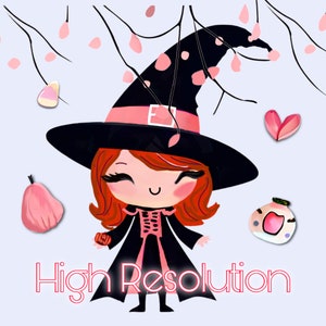 Cute Pink Halloween Watercolor Clipart Bundle, 75 PNG, Witch, Castle ...
