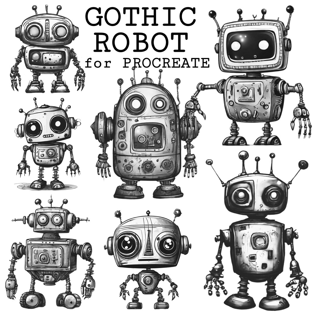 50 Cute Vintage Robots, Procreate Gothic Robots Stamps, Antique Robots ...