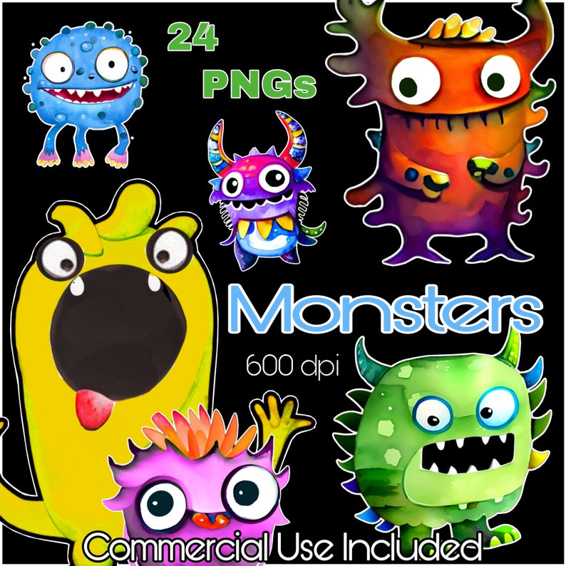 Cute Watercolor Monster Clipart Pngs, Halloween Stickers (digital ...