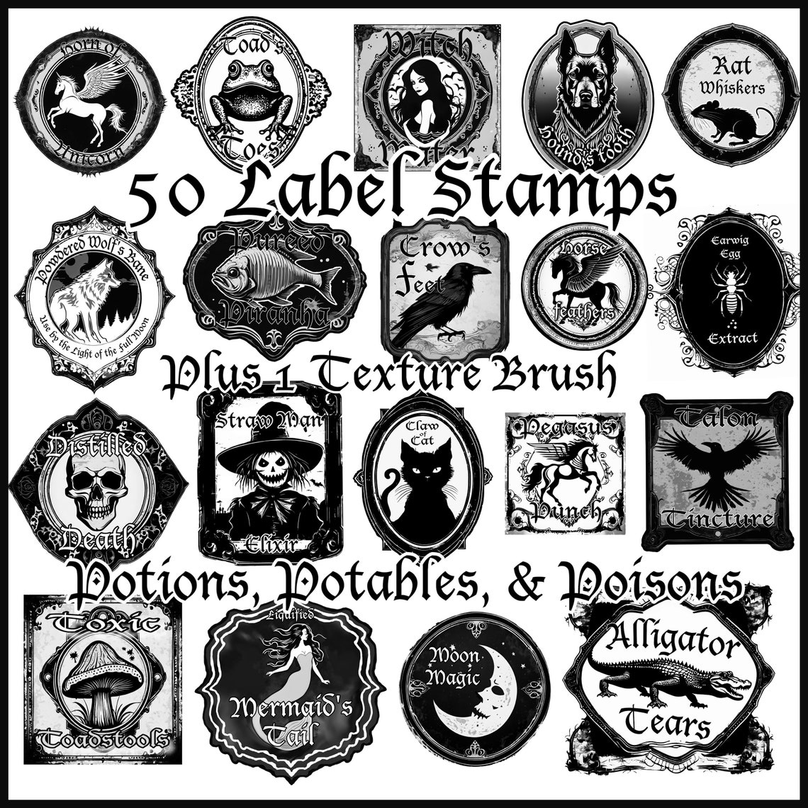 Vintage Gothic Bottle Labels Procreate Stamps, Antique Spooky Potion ...