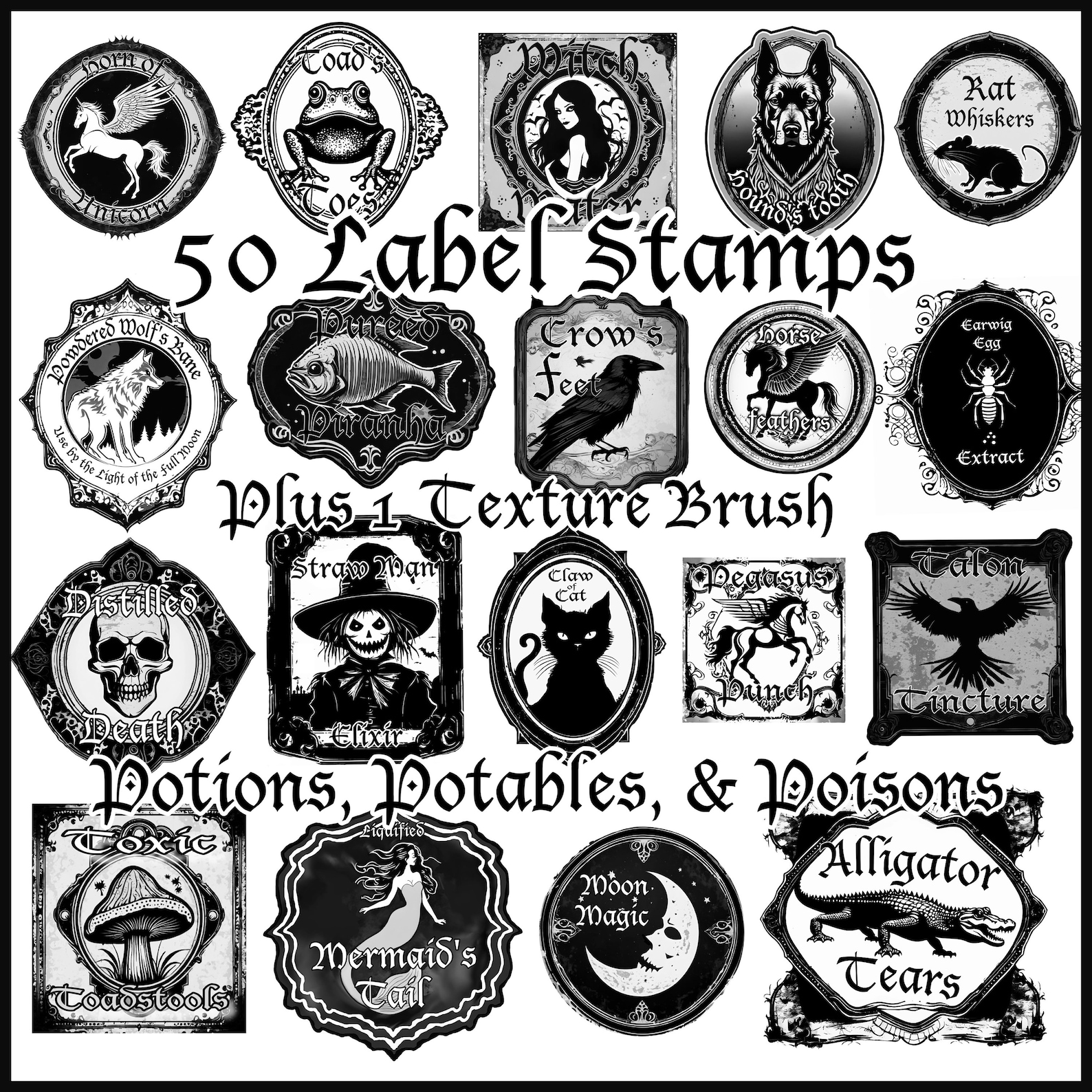 Vintage Gothic Bottle Labels Procreate Stamps, Antique Spooky Potion ...