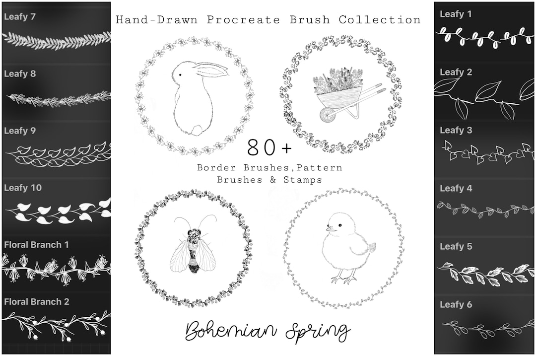 Bohemian Spring Hand-drawn Procreate Bundle Kit, Over 80 Premium Boho ...