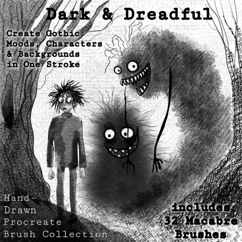 45 Hand-drawn Dark & Dreadful Procreate Brush Bundle, Tim Burton ...