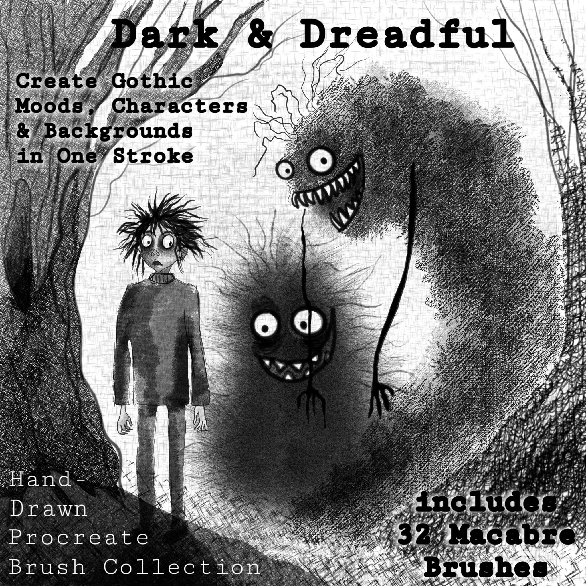 45 Hand-drawn Dark & Dreadful Procreate Brush Bundle, Tim Burton ...