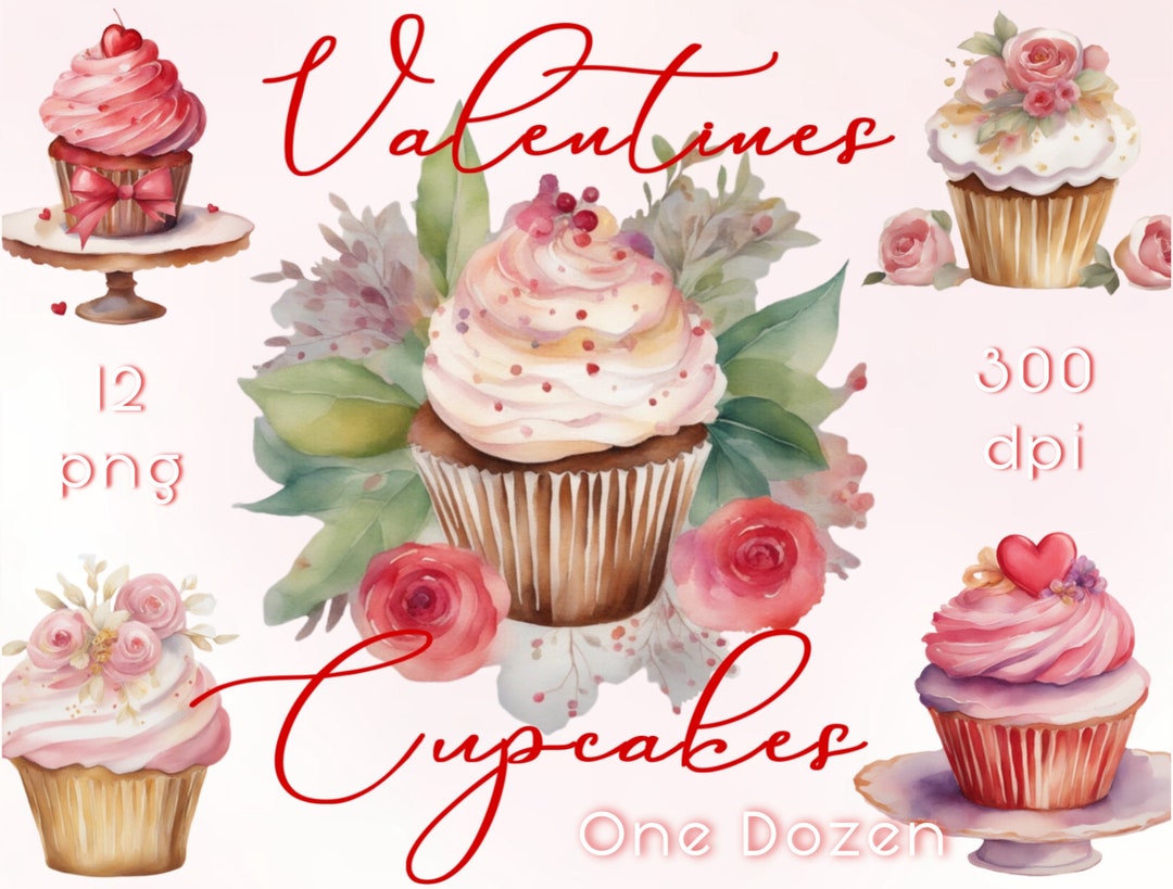 Freebie Valentines Cupcake Clipart Valentine PNG Bundle, Pink Cupcakes ...