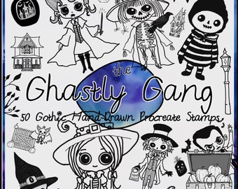 Cute & Creepy Hand-drawn Gothic Procreate Stamps, Spooky Halloween ...