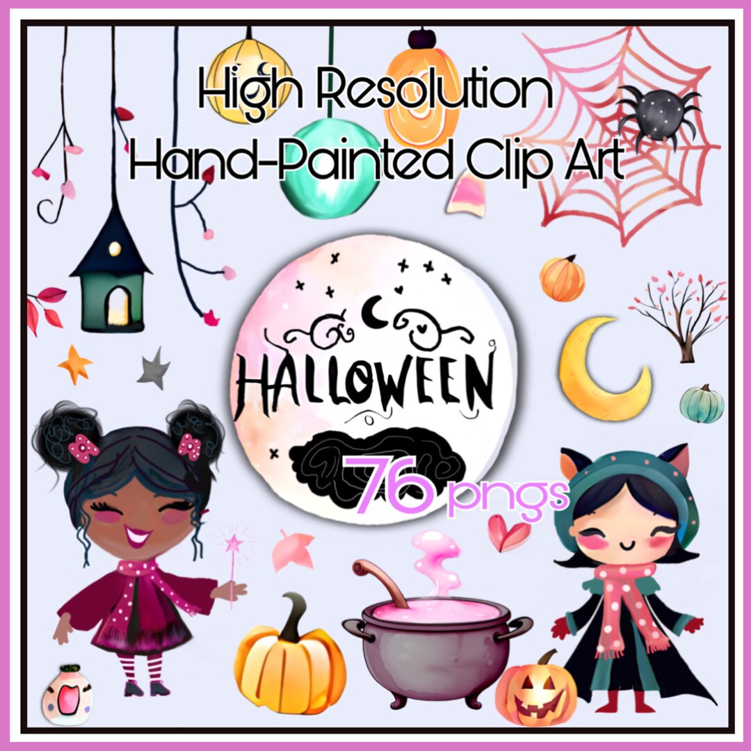 Cute Pink Halloween Watercolor Clipart Bundle, 75 PNG, Witch, Castle ...