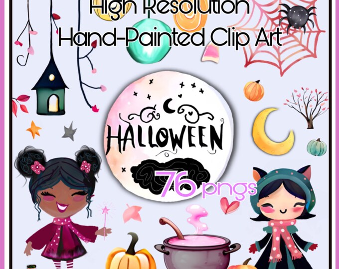 Cute Pink Halloween Watercolor Clipart Bundle, 75 PNG, Witch, Castle ...
