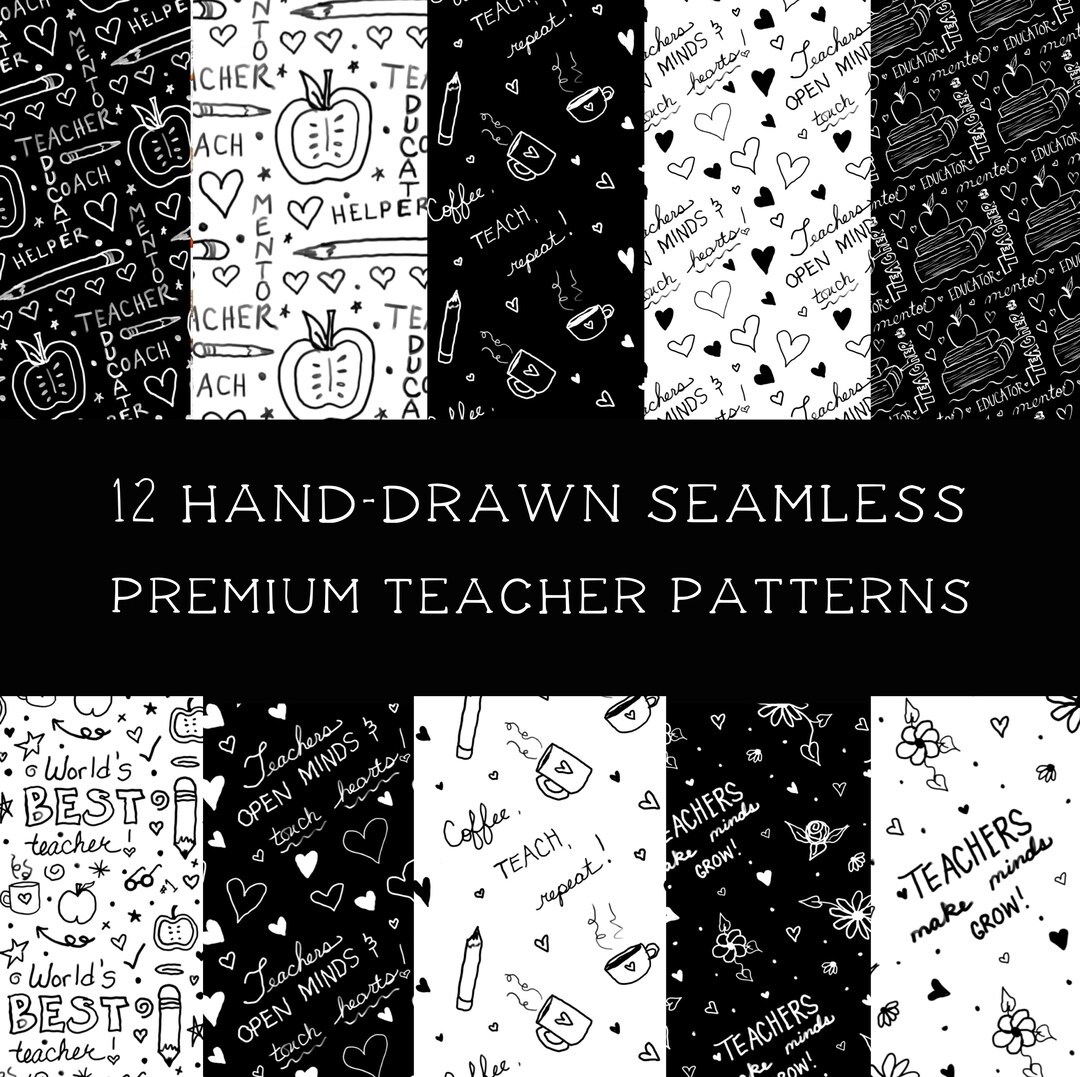 Hand-drawn School Teacher Seamless Patterns, High Resolution Instant ...