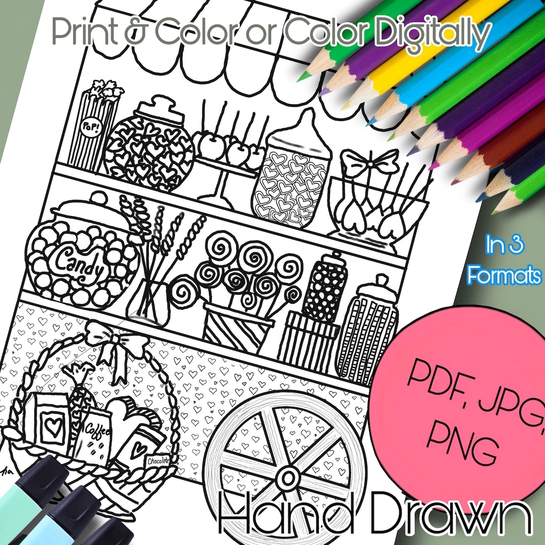 Cute Candy Cart Coloring Page, Cozy Sweet Treats Printable, Art ...