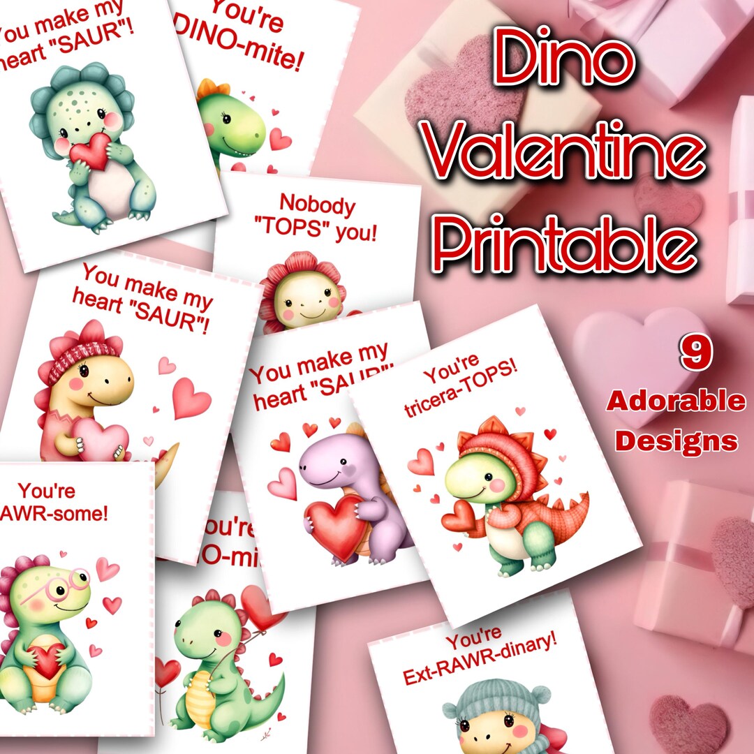 Cute Dinosaur Valentine Day Printable Cards for Kids, Funny Adorable ...