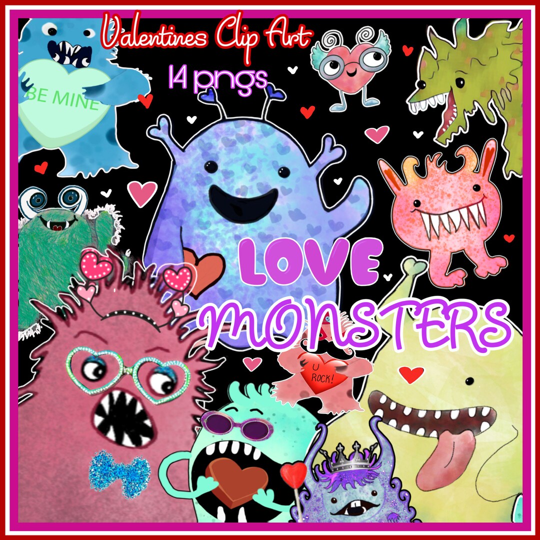 Valentine Monster Clipart, Sublimation, Heart, Cute Love Monster ...