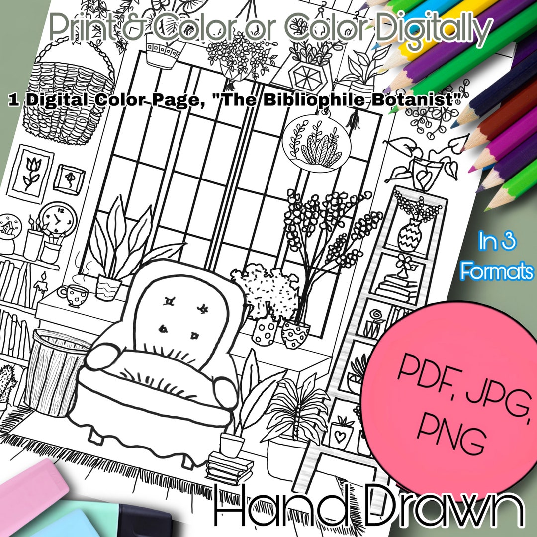 Book Lovers Cozy Library Nook Color Page, Overgrown Plant Instant ...