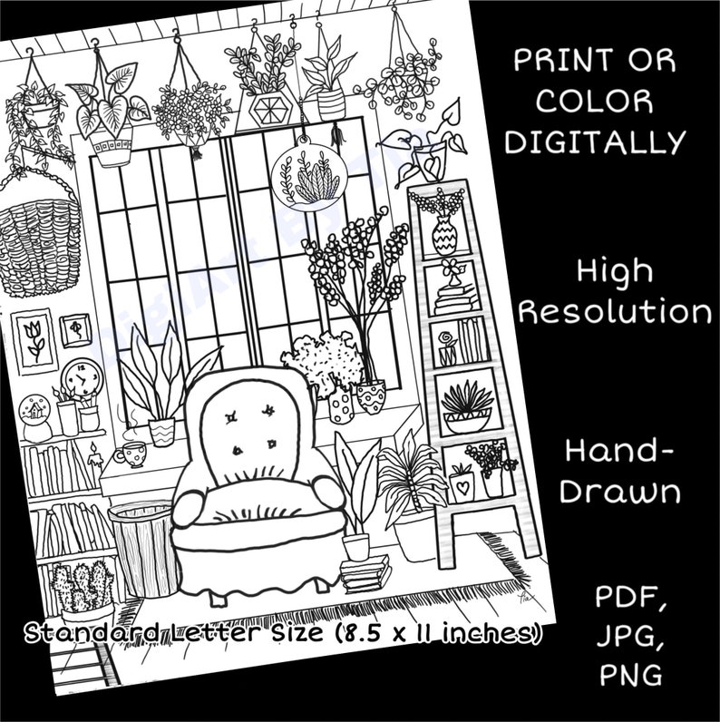 Book Lovers Cozy Library Nook Color Page, Overgrown Plant Instant ...