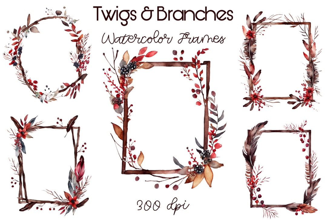 Elegant Twisted Twig Frame Watercolor Borders, Wreath Clipart ...