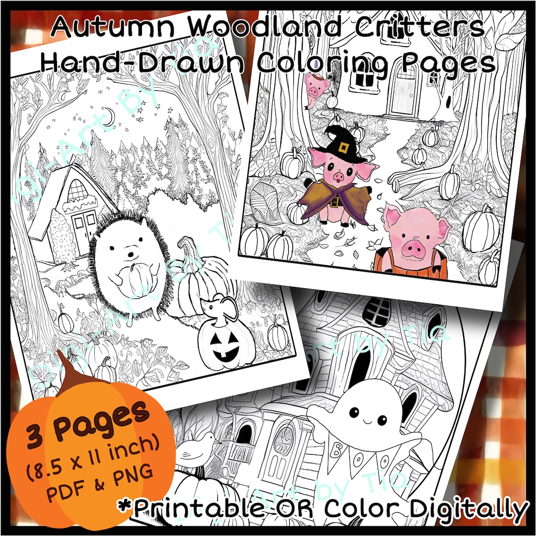 Cozy Autumn Woodland Forest Printable Coloring Pages, Cute Hedgehog ...