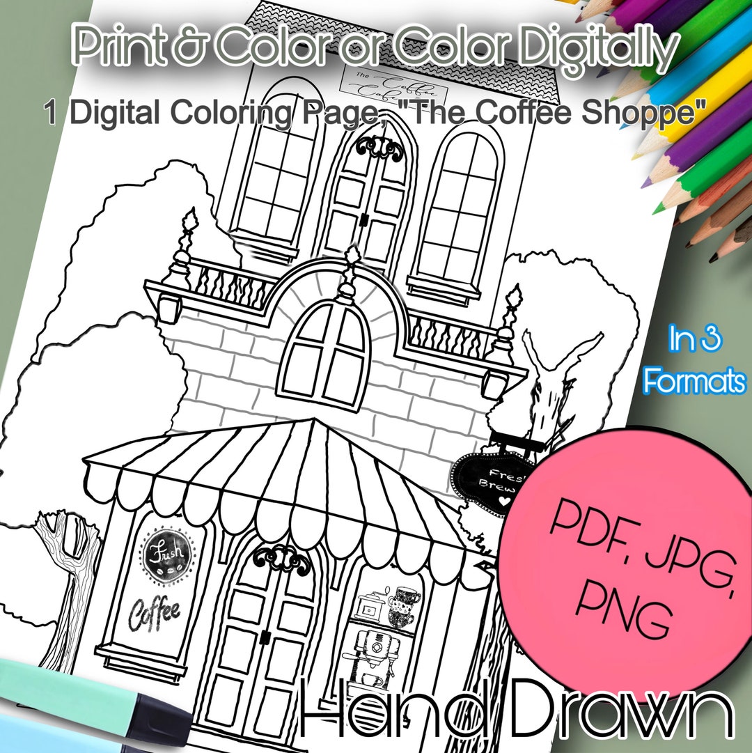Coffee Shop Color Page, Cozy Storefront Printable, Cozy Stress Relief ...