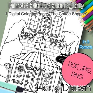 Coffee Shop Color Page, Cozy Storefront Printable, Cozy Stress Relief ...