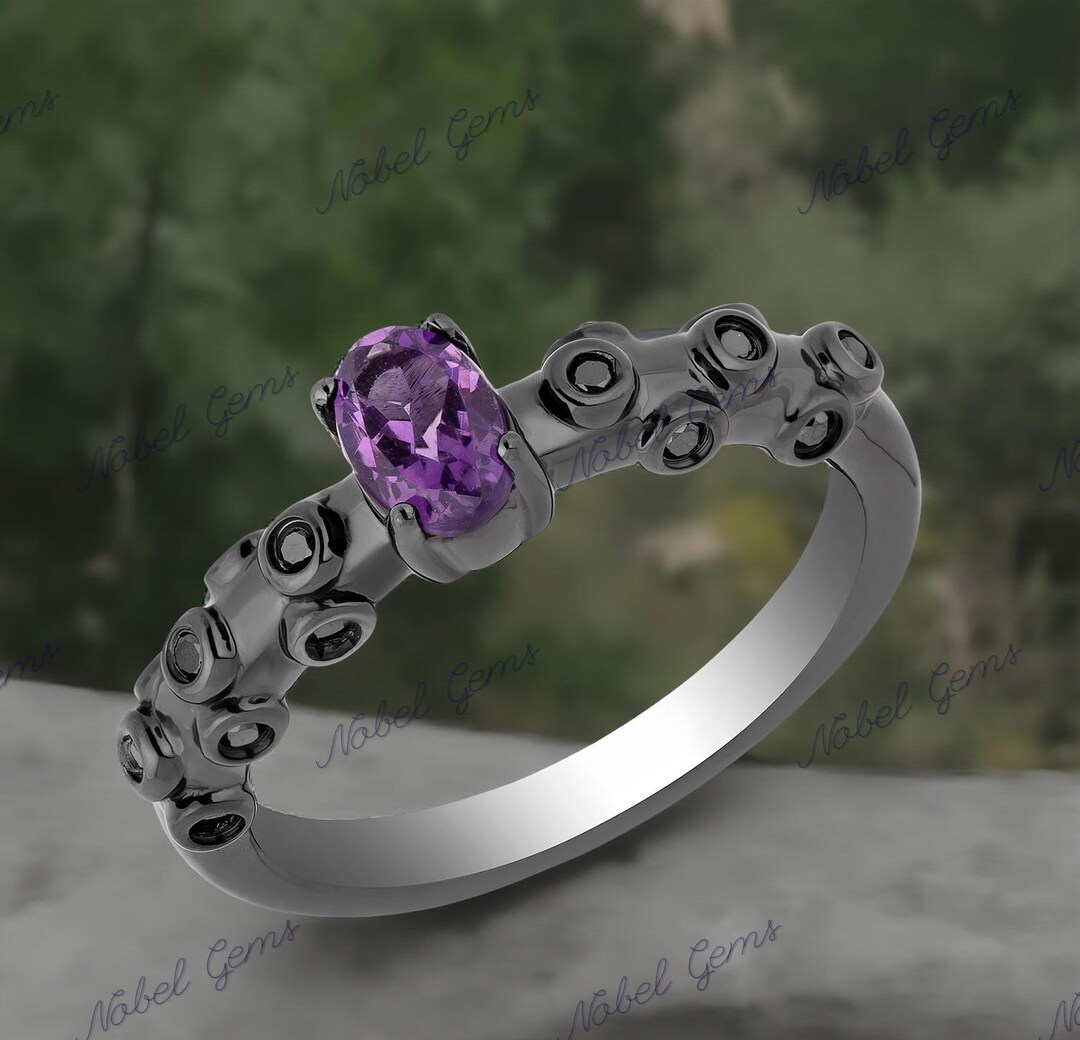 Amethyst Octopus Tentacle Ring, Black Gothic Engagement Ring, Unique ...