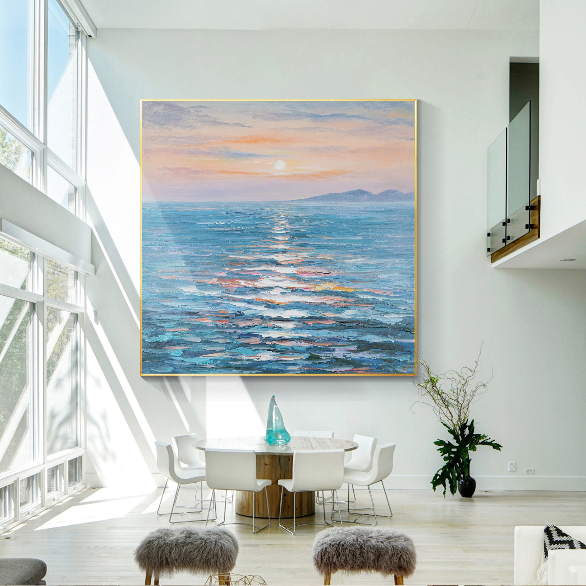 Large Abstract Ocean View Painting: Palette Knife Sunrise, Heavy ...