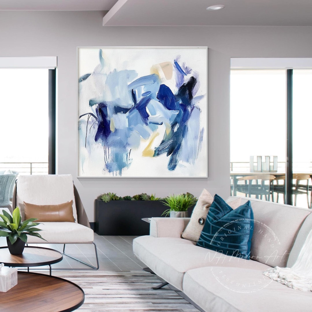 Large Abstract Blue Oil Painting Framed Modern Wall Art Brush Stroke ...