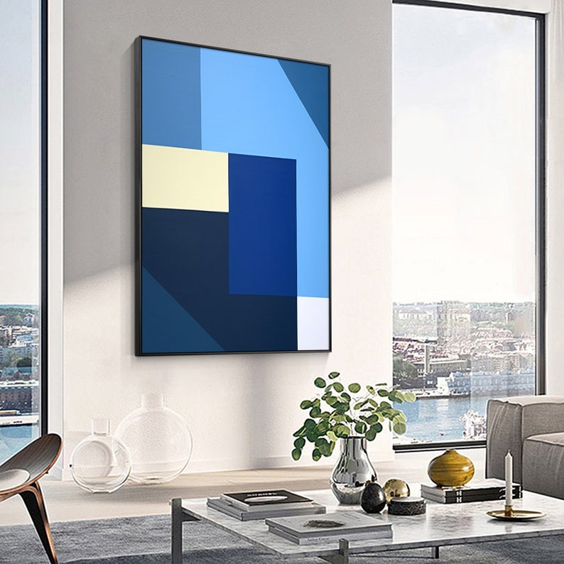 Large Modern Abstract Blue White Minimalist Wall Art Color Block Multi ...