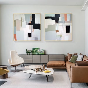 Set of 2 Large Abstract Color Block Canvas Painting Set: Neutral ...