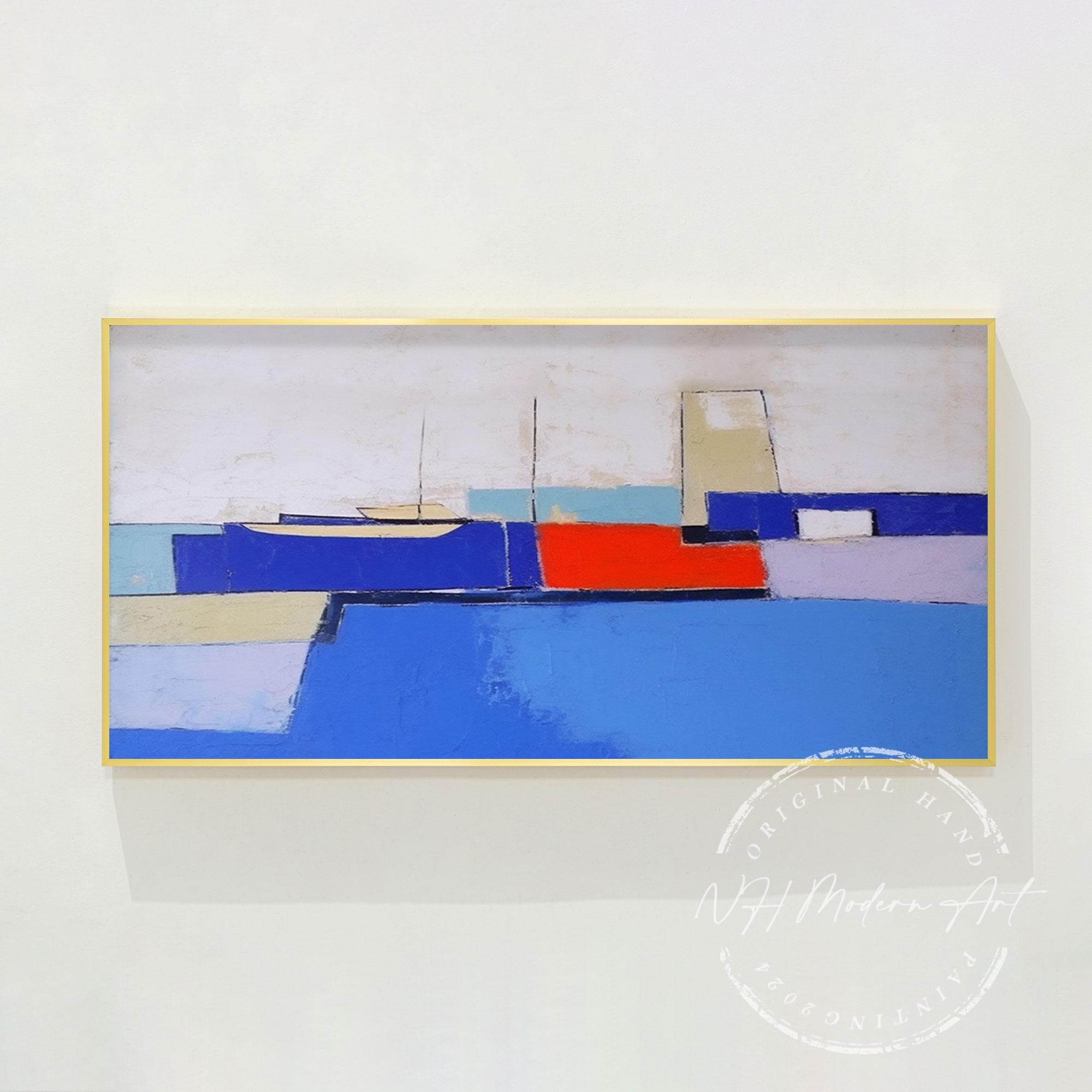 Large Abstract Harbor Oil Painting: Geometric Modern Framed Canvas Art ...