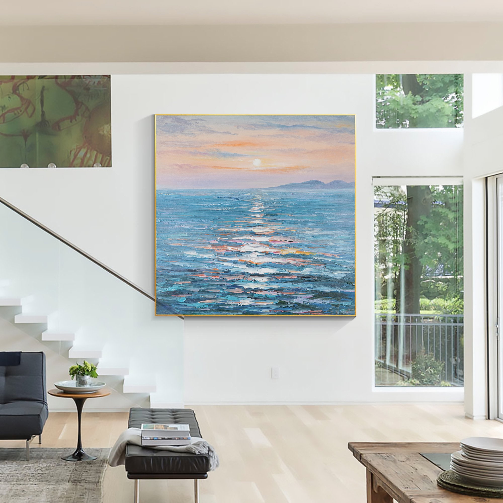 Large Abstract Ocean View Painting: Palette Knife Sunrise, Heavy ...