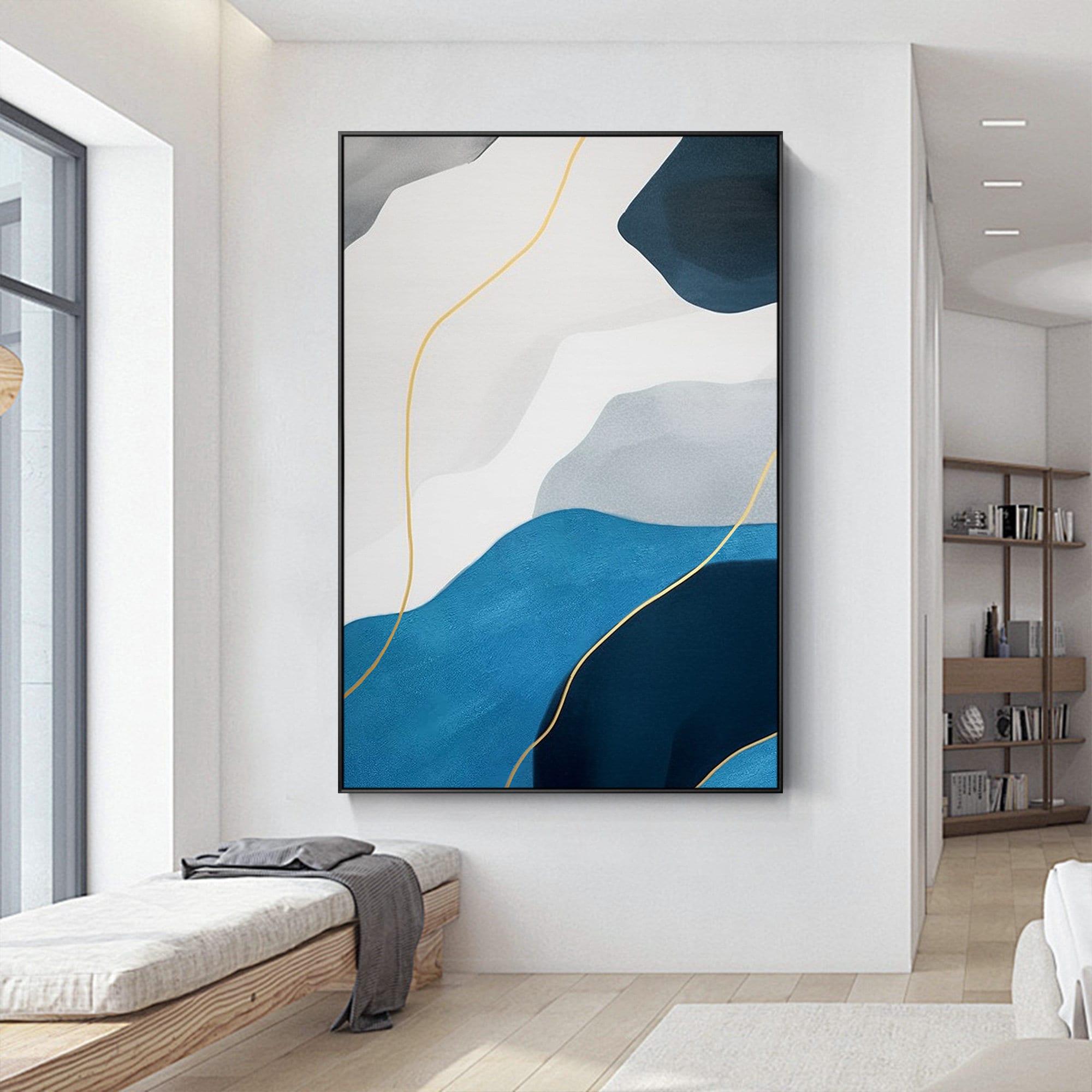 Framed Abstract Blue Acrylic Painting: Gold Line Art, Organic Shapes - Etsy