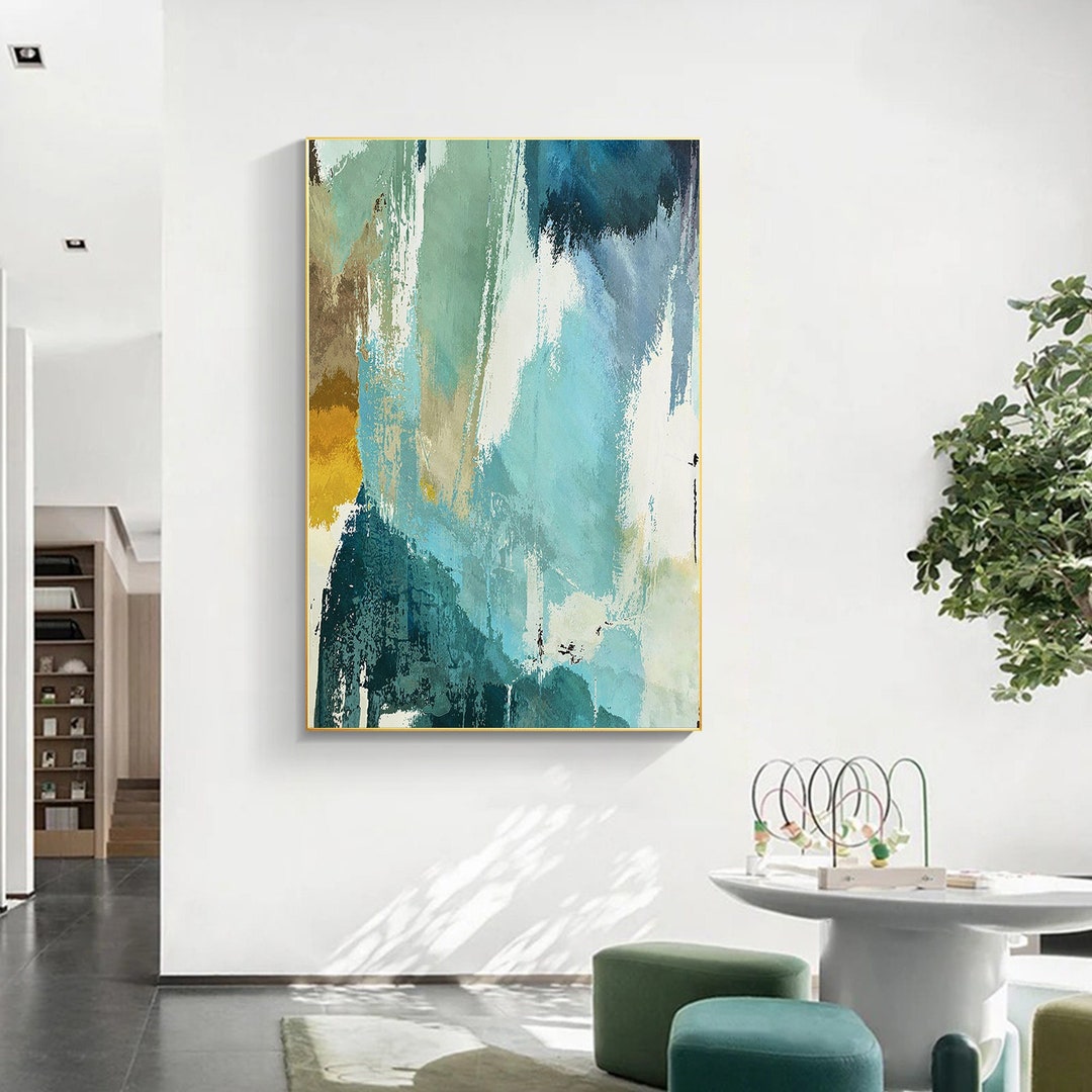 Large Abstract Color Block Oil Painting on Canvas Green Teal Modern ...